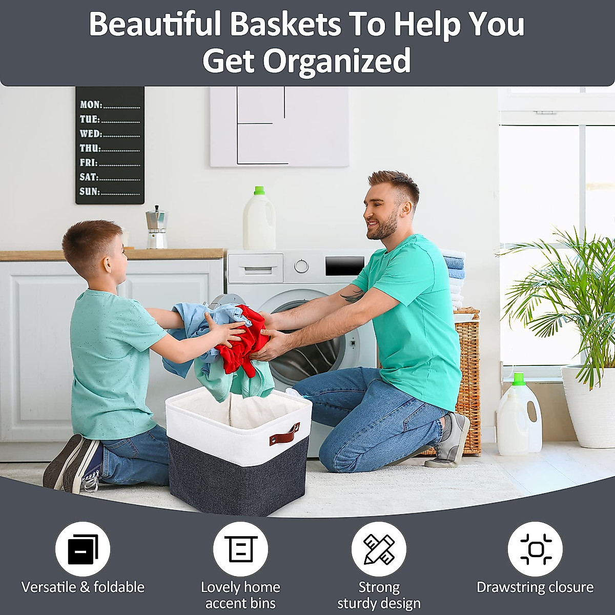 WANMEI Foldable Cube Storage Bins 13x13x13 IN 3 Pack Collapsible Sturdy Cationic Fabric Storage Basket with Leather Handles for Organizing Shelf Nursery Home Closet Office(Grey and White)