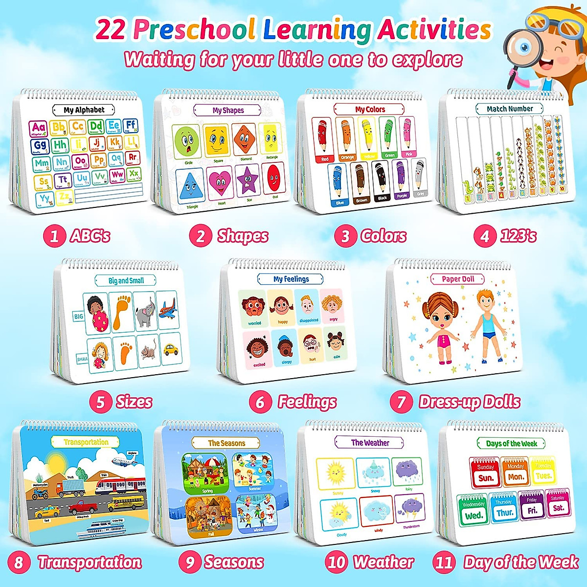 HUAXUS 19 Pages Preschool Learning Activities - Busy Book, Toddler Activities, Autism Sensory Learning Materials, Montessori Toys, Educational Toys, Activity Binder Gifts for Kids Toddlers