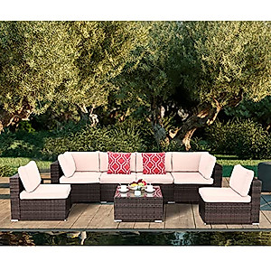 Polar Aurora 7 Pieces Outdoor Patio Sofa Set PE Rattan Wicker Sectional Furniture Outside Couch w/Washable Seat Cushions & Modern Glass Coffee Table