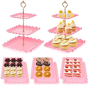 DI QIU REN 8 Pcs Dessert Table Display Set Plastic Square Pink Cupcake Stand 2Pcs 3 Tier Cupcake Stands with Gold Rod Cookie Tray Rack Serving Tower 6Pcs Dessert Trays for Tea Party Baby Shower