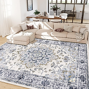 CAPALOCA Machine Washable 8x10 Area Rugs for Living Room Vintage Rugs Carpet Rugs Non Slip Low Pile Water Repellent Soft Print Pattern for Bedroom Indoor Decor Polyester Rug Bluewhite