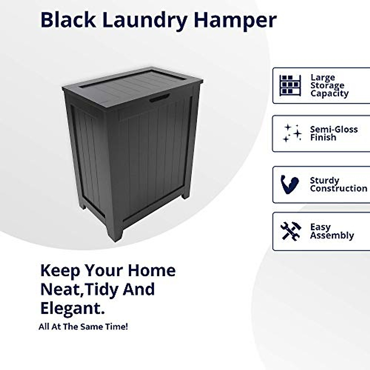 Wooden Hamper For Laundry with Lid, Contemporary Storage Bin Basket, Dark Cabinet Organizer for Bathroom, Guest Room, Bedroom with Modern Design and Durable Wood Construction (Black)