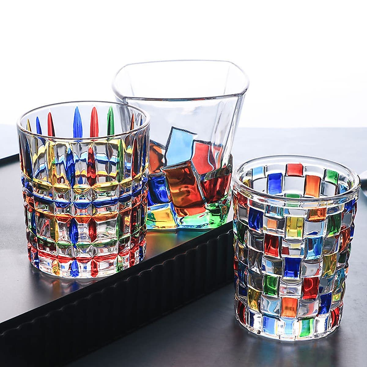 Aebor Colorful Drinking Glasses, Hand Painted Colored Water Glasses, Multicolor Water Glasse,Whiskey Wineglass Glasses,Tumbler Glasses (Ice cube)