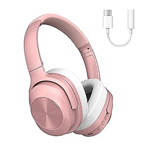 FORALL Active Noise Cancelling Headphones with Type-C Jack Adapter, Over Ear Wireless Bluetooth Headphones, Hi-Res Audio, Deep Bass Memory Foam Ear Cups, 40H Playtime for Travel Home Office - Pink