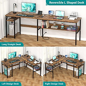 Hyomdeck Reversible L Shaped Computer Desk with Power Outlets and USB Charging Ports, Sturdy Corner Desks with Storage Shelf, Modern Work Gaming Table for Home Office, Easy to Assemble, Rustic Brown
