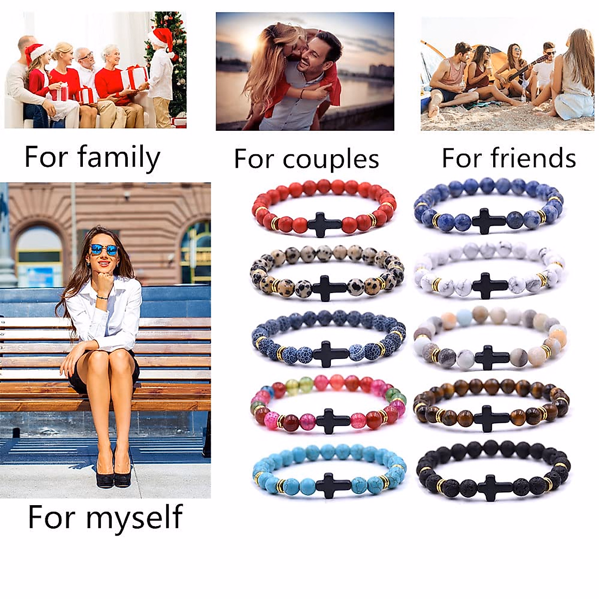 HYHONEY Cross Bracelet Beaded Bracelets Couples Bracelets Cross Bracelet for Women Cross Bracelet for Men Natural Stone Crystal Bracelet Anxiety Stretch Elastic Healing Bracelet