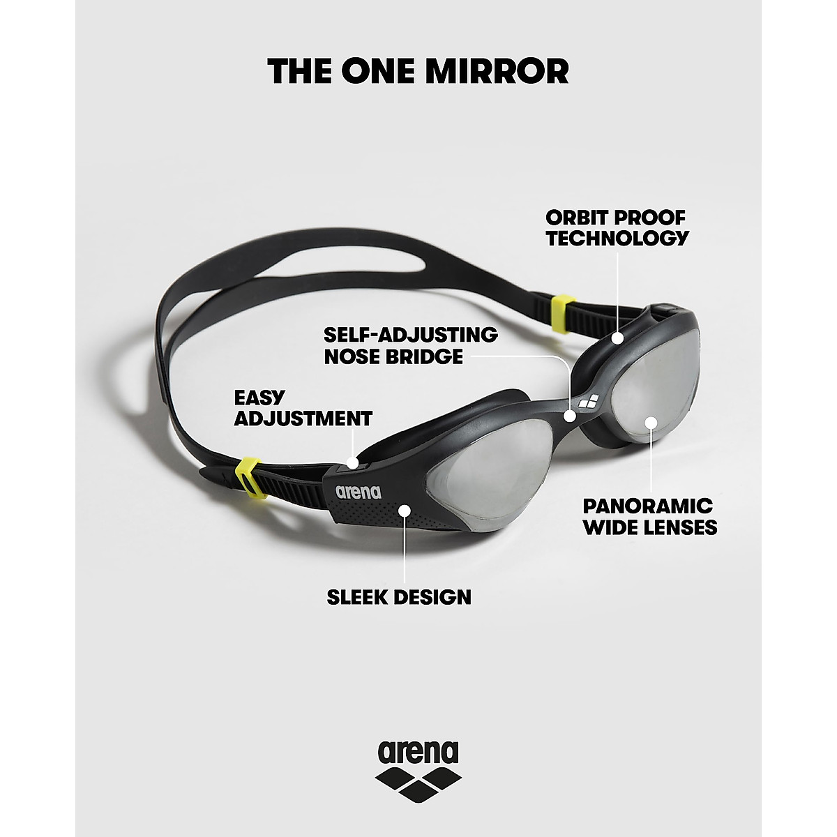 Arena Unisex Adult The One Swim Goggles for Men and Women Watertight Fit Orbit-Proof Seals Anti-Fog Coated Mirror Lens, Silver/Black/Black