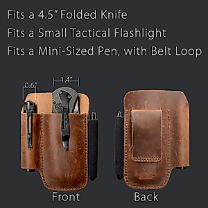 EDC Belt Knife Sheath Organizer for 4.5" Knife, Fit 0.6" Diameter Tactical Flashlight, Pocket Slip Tool Pouch, Pen Loop, EDC Holster Essential Carrier, Premium Leather. Chestnut.