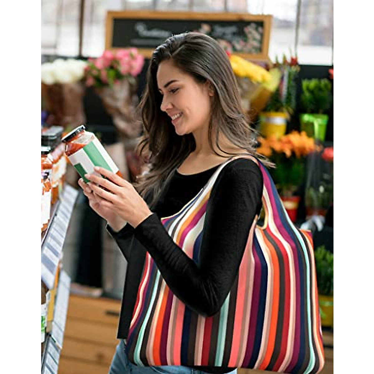 Wayideal Reusable Grocery Bags,Washable/Durable Nylon Outdoor Bags，Set of 5 XXL-Shopping Holiday Folding Tote Bags,(RainbowStripe,PolarBear,Lemon,CartoonQhale,PinkHeart)