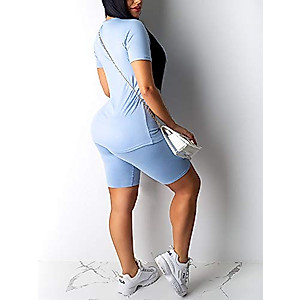 Uni Clau Women's Letter Two-Piece Outfit Tracksuit - Casual Short Sleeve T-Shirts Bodycon Shorts Set Jumpsuit Rompers Light Blue