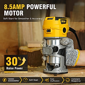 Alloyman Router Tool, 8.5Amp Wood Router, Max 30000 RPM Handheld Palm Router, 6 Variable Speed, 12Pcs Wood Compact Router Bits, 950W Wood Trim Routers Kit for Woodworking Trimming