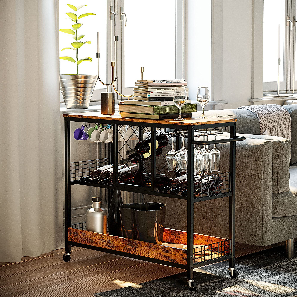 IRONCK Bar Cart, Serving Cart with Wine Rack Glasses Holder Kitchen Cart on Wheels Wood and Metal Frame, Vintage Brown