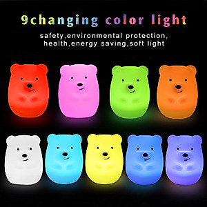 Yuede Kids Night Light for Bedroom, Silicone USB Rechargeable Night Lights, 9 Colors Change with Touch Sensor and Remote Control for Baby/Kids/Adult Gifts (Bear)