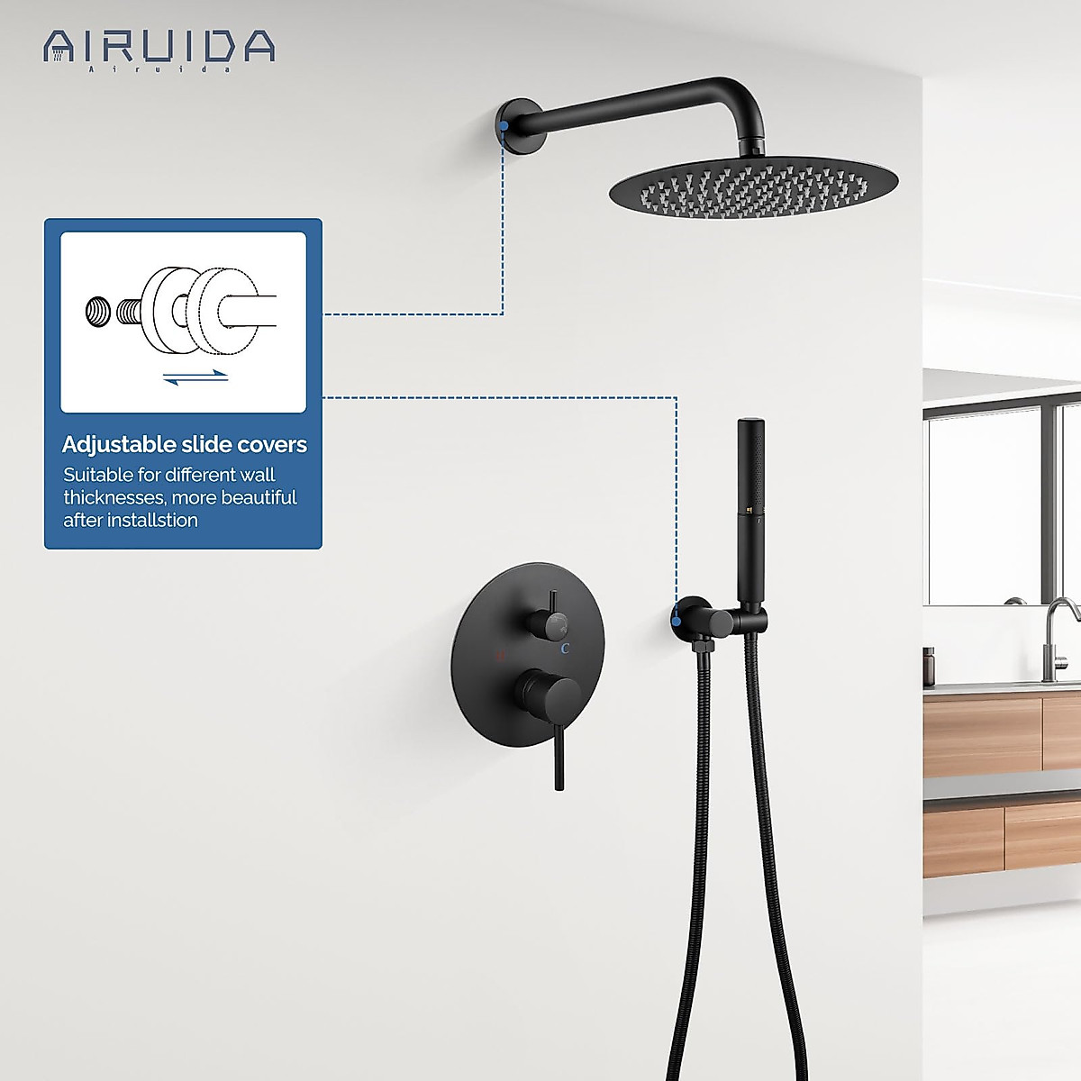 Airuida Shower Fixtures Matte Black 2 Functions 10 Inches Round Rainfall Shower Head and High Pressure Brass Shower Handheld Mixer Bathroom Wall Mount Shower System with Rough-in Valve