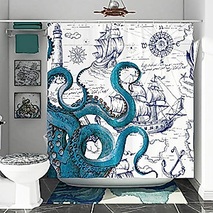 DESIHOM Blue Nautical Octopus Shower Curtain Set, Funny Ocean Kraken Shower Curtains for Bathroom, Cool Beach Coastal Octopus Decor Polyester Fabric-72" x 72"
