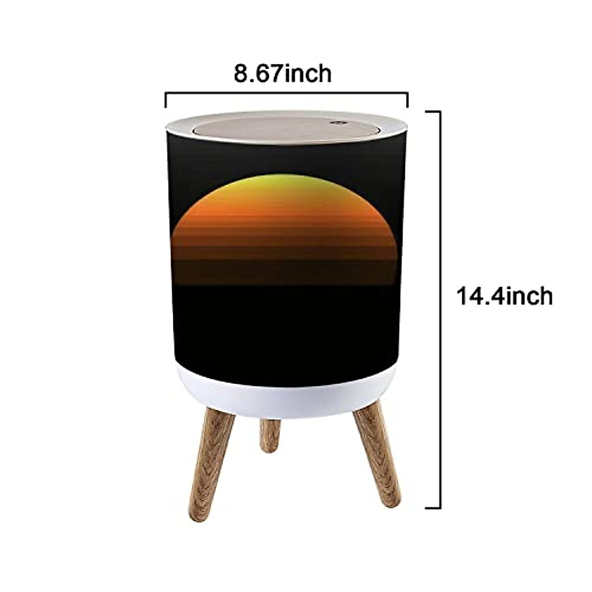 Small Trash Can with Lid 80s sunset retro neon 90s poster electro sun space vintage grid sunset Waste Bin with Wood Legs Press Cover Wastebasket Round Garbage Bin for Kitchen Bathroom Bedroom Office