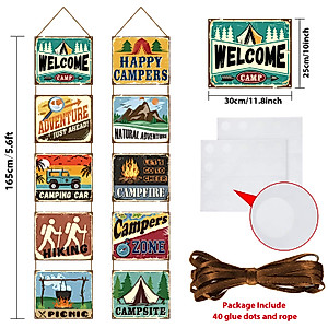 Camping Party Decorations Camping Banner Laminated Camping Signs Camp Themed Decorations Supply Birthday Party Baby Shower Decor Paper Cutouts with 2 Ropes and Glue Point Dots
