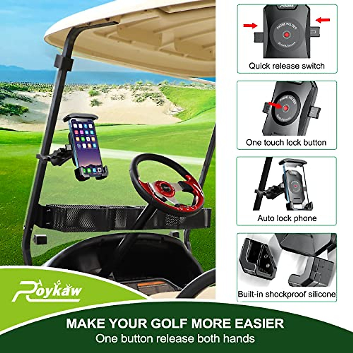 Roykaw Golf Cart Phone Mount Holder for iPhone/Galaxy/Google Pixel/Motorola & GPS SkyCaddie SX400, SX500 - Fit for EZGO, Club Car, Yamaha, ICON, Advanced EV, Upgrade Quick Release & One-Touch Lock