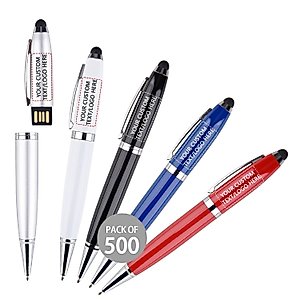 Paintechz Custom Pen USB Flash Drives 500 Pack Bulk, Personalized Logo or Text - as Corporate Gifts and Promotional Giveaways - 2GB