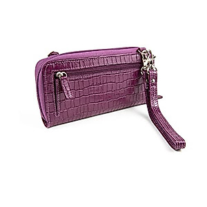WalletBe Women's Leather RFID Zipper Double Accordion Clutch Wallet with Wristlet Croco Purple