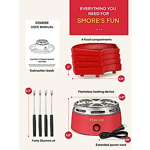 FOHERE Smores Maker Tabletop Indoor, Flameless Electric Marshmallow Roaster with 4 Detachable Trays & 4 Roasting Forks, Movie Night Supplies & Housewarming Gift, Red