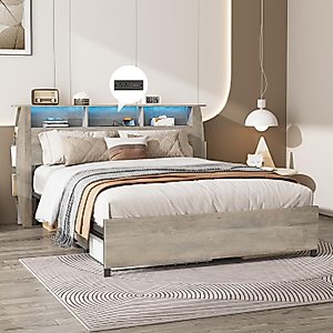 Fameill Full Size Wood Bed Frame with Bookcase Headboard, 2-Tier Storage Headboard with Charging Station & LED Light, Side Storage Layer, No Box Spring Needed, Noise Free, Gray