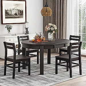 Bellemave 5-Piece Round to Oval Extendable Dining Table Set with 4 Chairs, Drawers and 16" Removable Leaf for Kitchen, Dining Room.((Espresso)