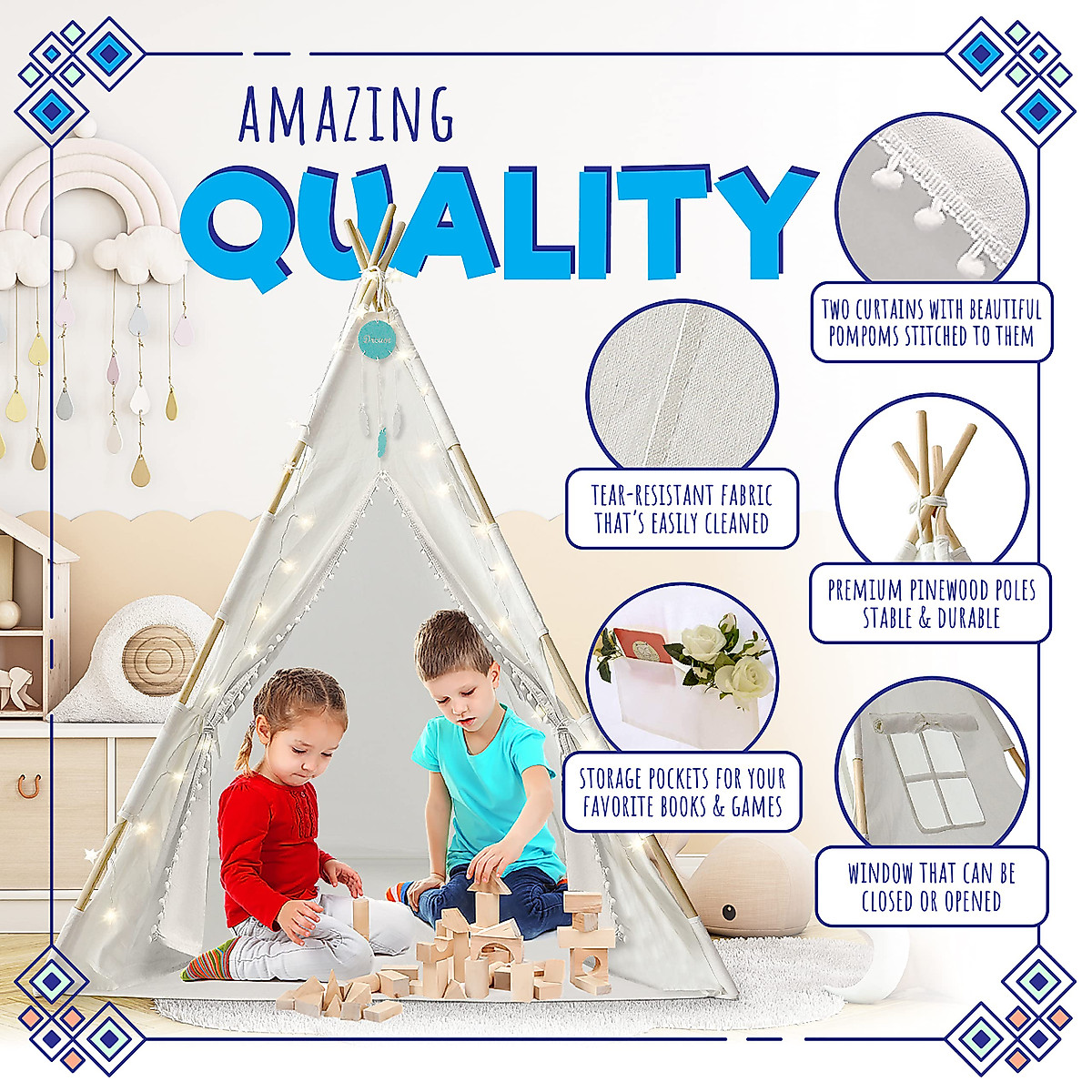 Teepee Tent for Kids - Indoor Tent, Pompon Ball Design, Built-in Mat, Inner Pockets, Window, LED Star Lights, Dream Catcher, Unique Threaded Poles - Strong Foldable Play Tent for Girls & Boys.