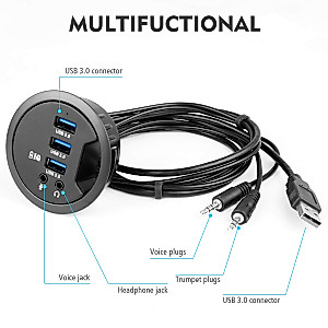 WDX Grommet Hole in Desk USB 3.0 3 Port Hub BC 1.2 USB Charger with 3.5mm Sound Card Mic Phone Jack, 5V/2A Power Adapter for iPhone/Smart Phones(AC Power Supply Included)