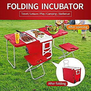 UNICOO - Multi-Function Rolling Cooler Picnic Camping Outdoor W/Table & 2 Chairs, Outdoor Picnic Foldable Upgraded Stool, Heat Insulation Box (Red)