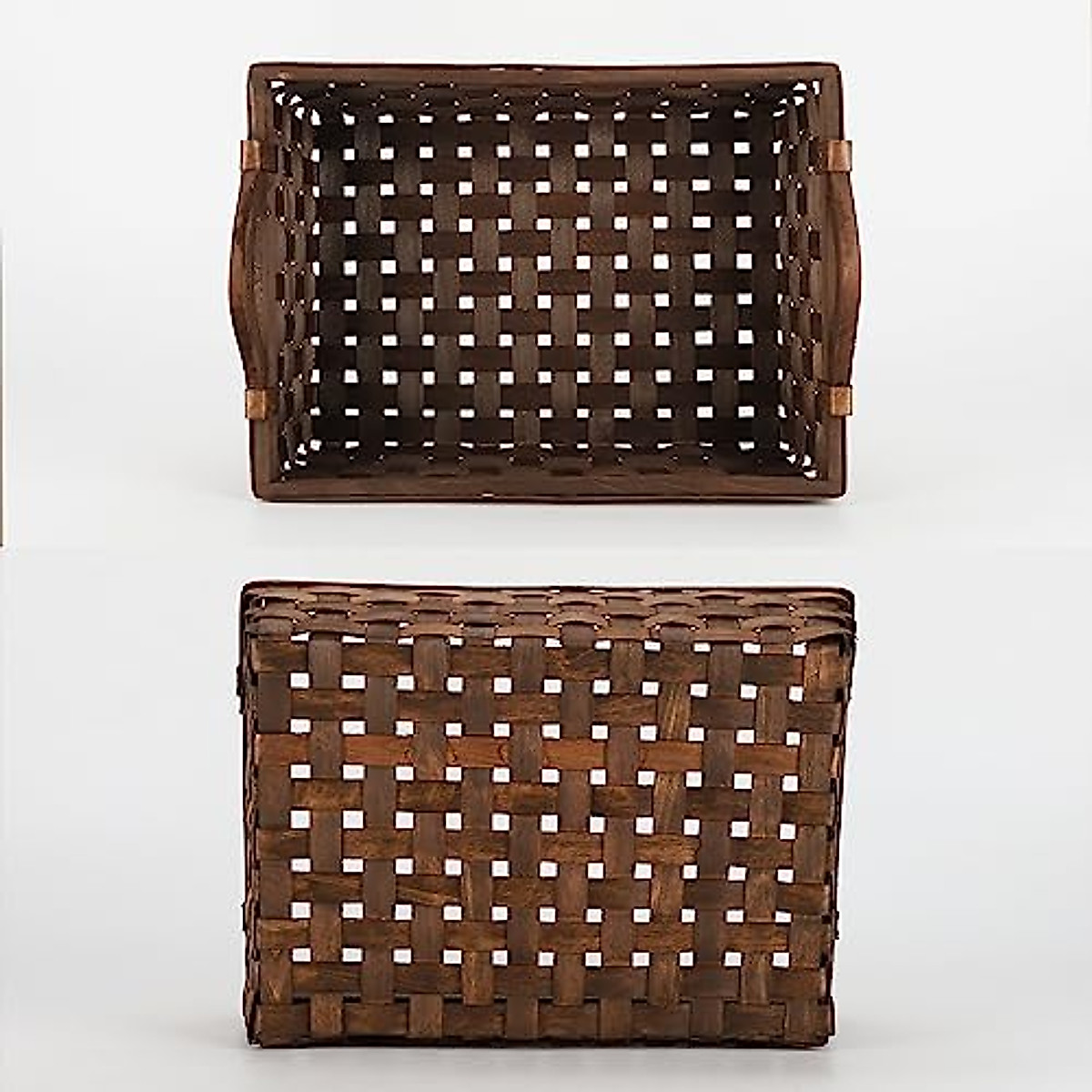 Rectangular Wooden Basket, Natural Hand Woven Storage Basket with Handles for Sundries Toys Fruits (Dark Brown)