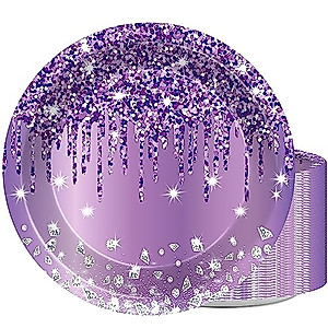 48 PCS Purple Silver Plates for Glitter Diamonds Happy Birthday Decorations Purple and Silver Birthday Theme Dessert Plates for Girls Women Purple Dinner Plate Glitter Diamonds Birthday Party Supplies