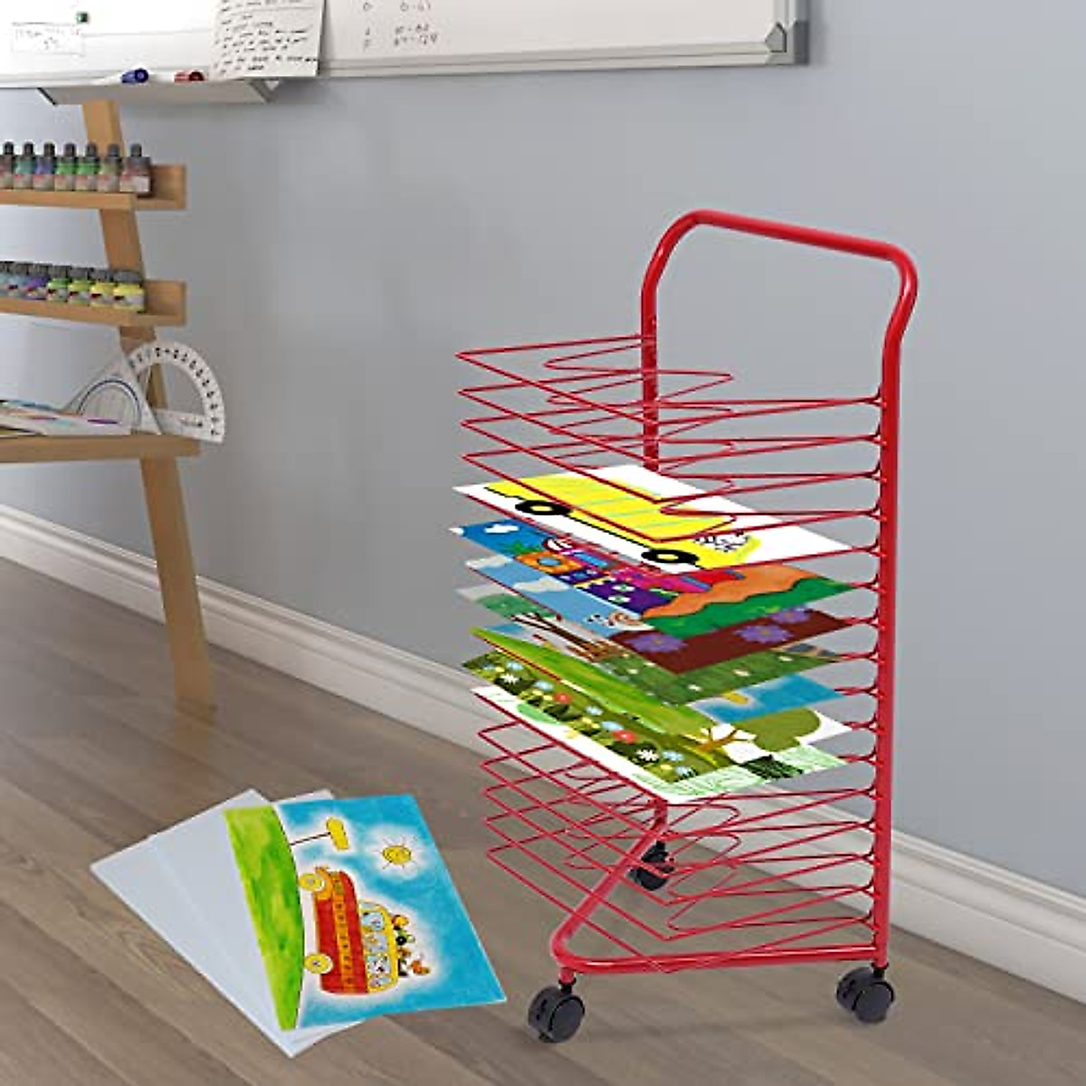 DNYSYSJ Art Drying Rack for Classroom, Paint Drying Rack Art 16 Shelves Metal Artwork Storage Display Rack with Wheels, 16.9x12.6x33.4in (Red)