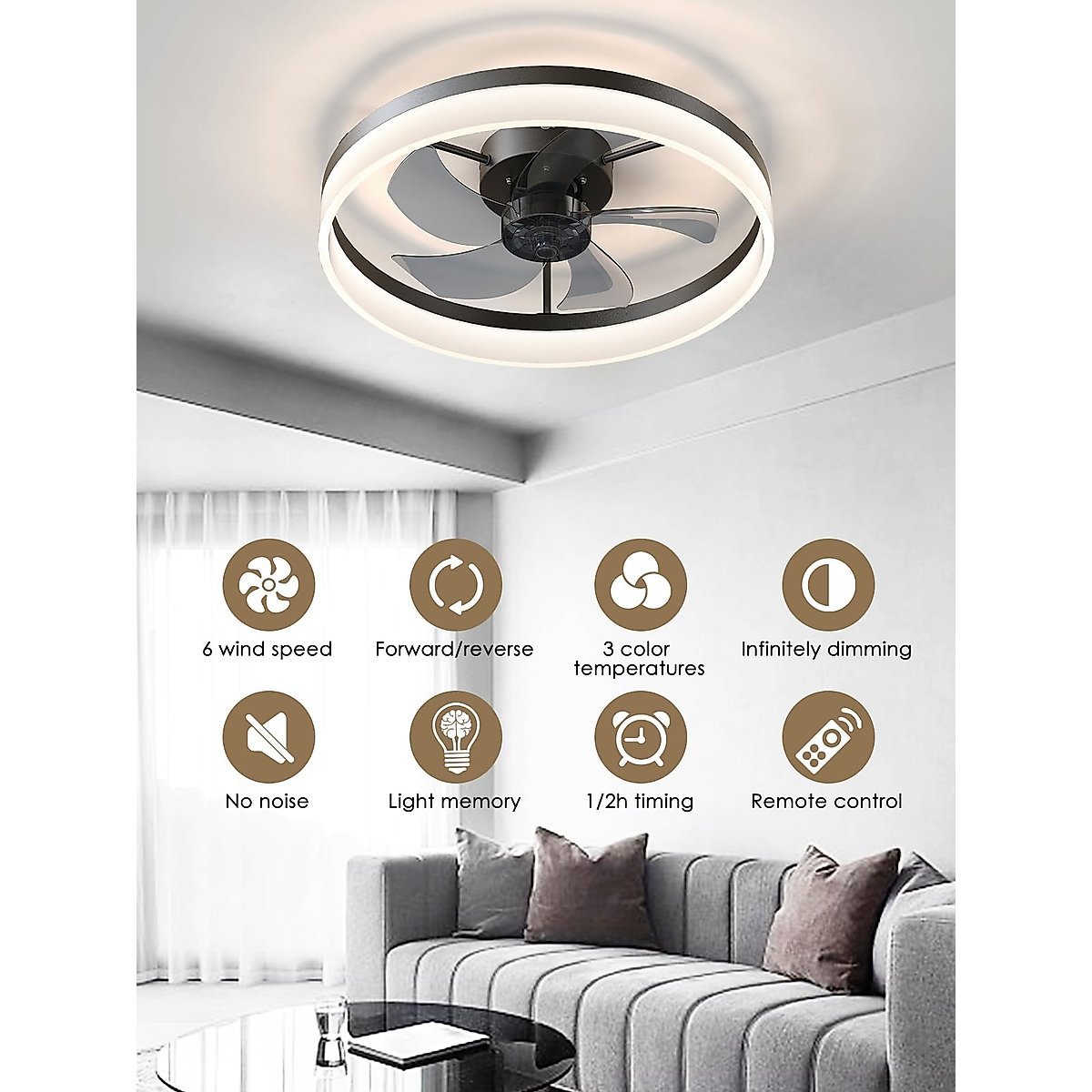 ERYAHRT Low Profile Ceiling Fan with Light Remote Control, Semi Flush Mount Ceiling Fans with 5 Invisible Blades, Dimmable Led Ceiling Fan Reversible Blades Timing, Black
