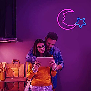 Night Lights for Kids|Neon Signs Pink Moon Blue Star LED Neon Lights for Baby Nursery Room,Wall Art Décor|USB Powered Children Lighting for Bedroom,Party,Christmas Birthday Gifts(YLX-FLA)
