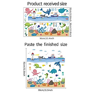 Cartoon Octopus Turtle Whale Grass Seaweed Wall Decals, Under The Sea Wall Decal Stickers, Removable Vinyl Baby Nursery Wall Decor Mural Art for Kids Girls Boy Nursery Bedroom Bathroom