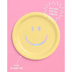 xo, Fetti Smiley Paper Plates - 24 pk, 9" | Happy Pastel Birthday Party Decorations, Cute Bachelorette Party, Cool Cake Plates