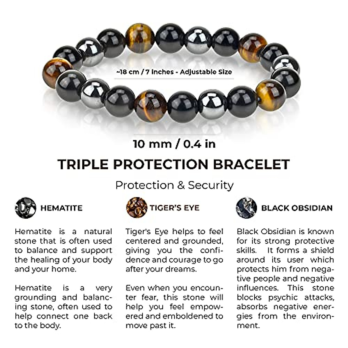 Triple Protection Bracelet - For Protection - Bring Luck And Prosperity - Hematite - Black Obsidian - Tiger Eye - Stone Bracelet