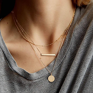 Fiusem Gold Layered Necklaces for Women, Dainty 14K Gold Plated Moon Pendant Necklace and Choker Necklaces for Women, 15”, 16”, 18”