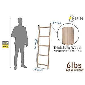 FUIN Fully Assembled 5ft Wood Blanket Ladder Living Room Decorative Wall Leaning Farmhouse Quilt Display Holder Rustic Wooden Towel Rack for Bathroom, Natural & Graywashed