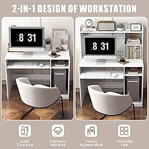 COSTWAY White Computer Desk with Storage Shelf, Wooden Writing Desk with Hutch, Office Desk with CPU Stand & Keyboard Tray, Home PC Desk with Bookshelf, for Bedroom, Study, Living Room