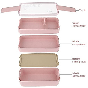 Rarapop 2 Pack Stackable Bento Box Japanese Lunch Box Kit with Spoon & Fork, 3-In-1 Compartment Wheat Straw Meal Prep Containers for Kids & Adults (Pink/Beige)