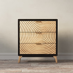 COZAYH 3-Drawer Farmhouse Dresser with Handcrafted Wood Ring Motif, Black Nightstand for Bedroom, Fully-Assembled, Rustic and Morden