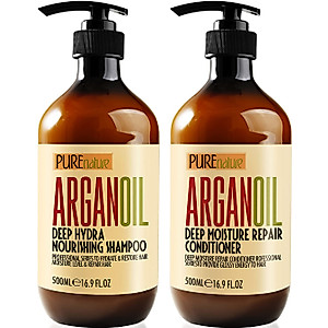 PURE NATURE Moroccan Argan Oil Shampoo and Conditioner Set and Heat Protectant Spray for Hair with Keratin