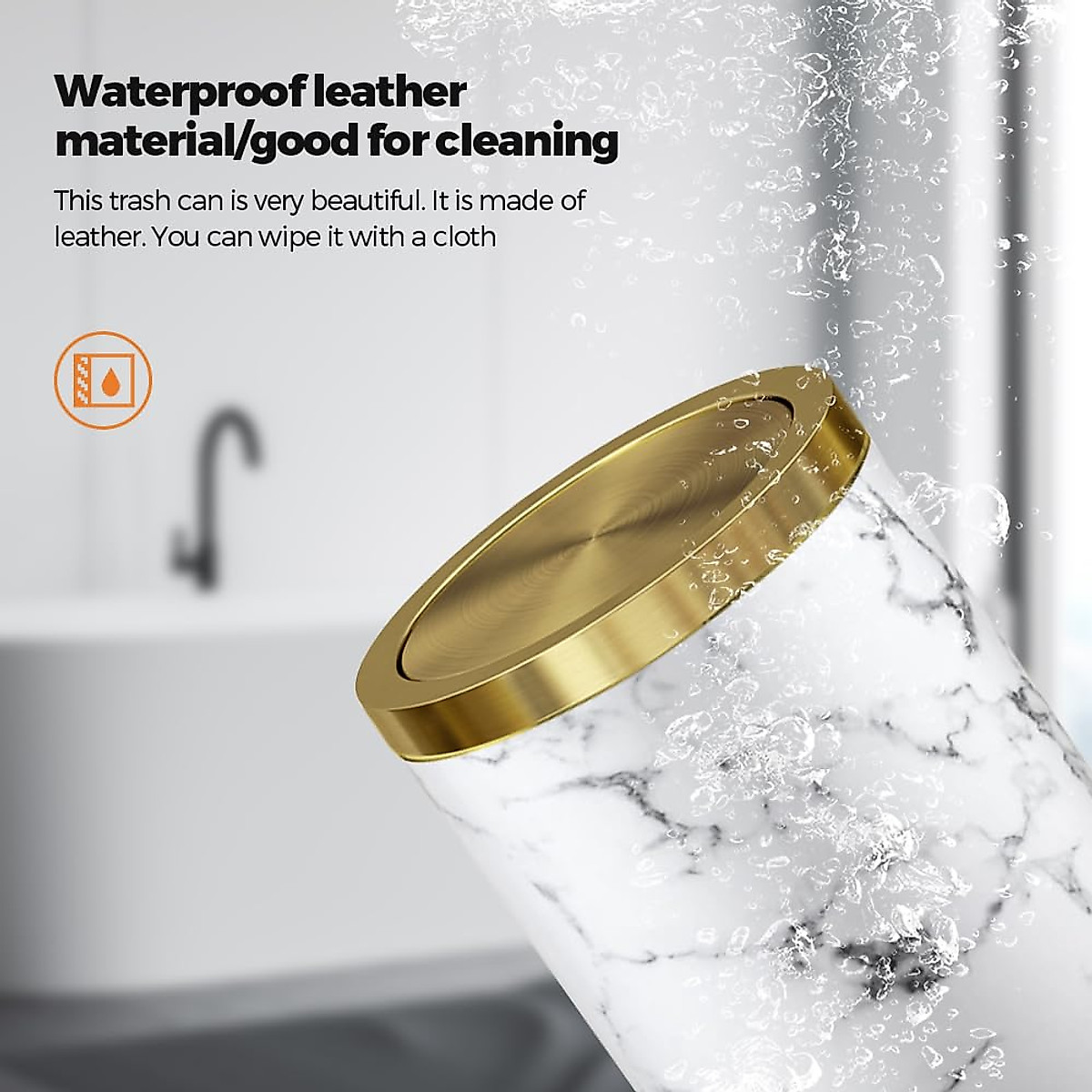 LEASYLIFE 15L4gallon,Leather Trash can,Bathroom Garbage can with lid,Trash Can with Flipping Lid,Garbage cans for Kitchen，Living Room. Metallic Gold (Marble)