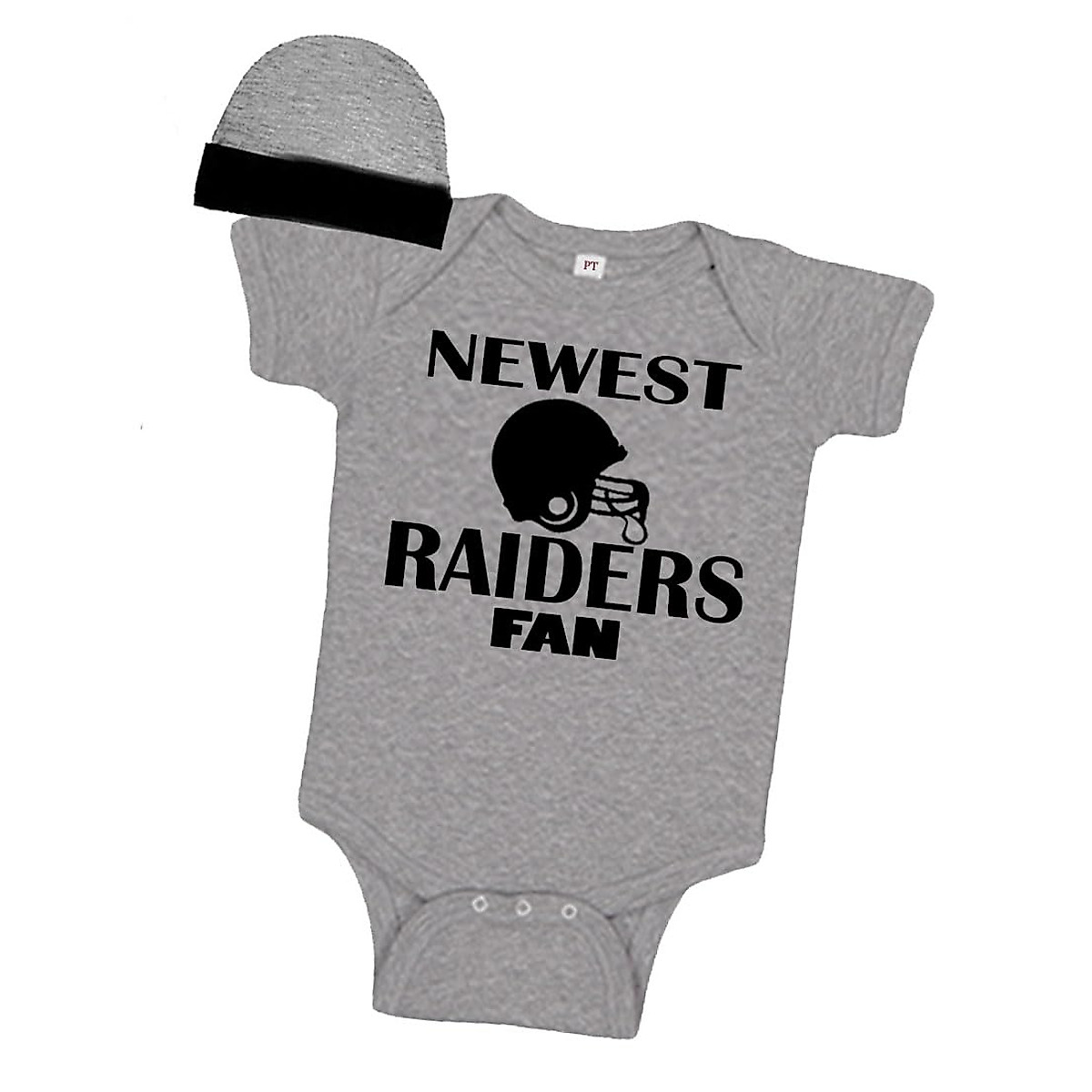 PandoraTees Newborn Baby Bodysuit & Cap Set - Newest Fan(0-3m, Heather/Black)