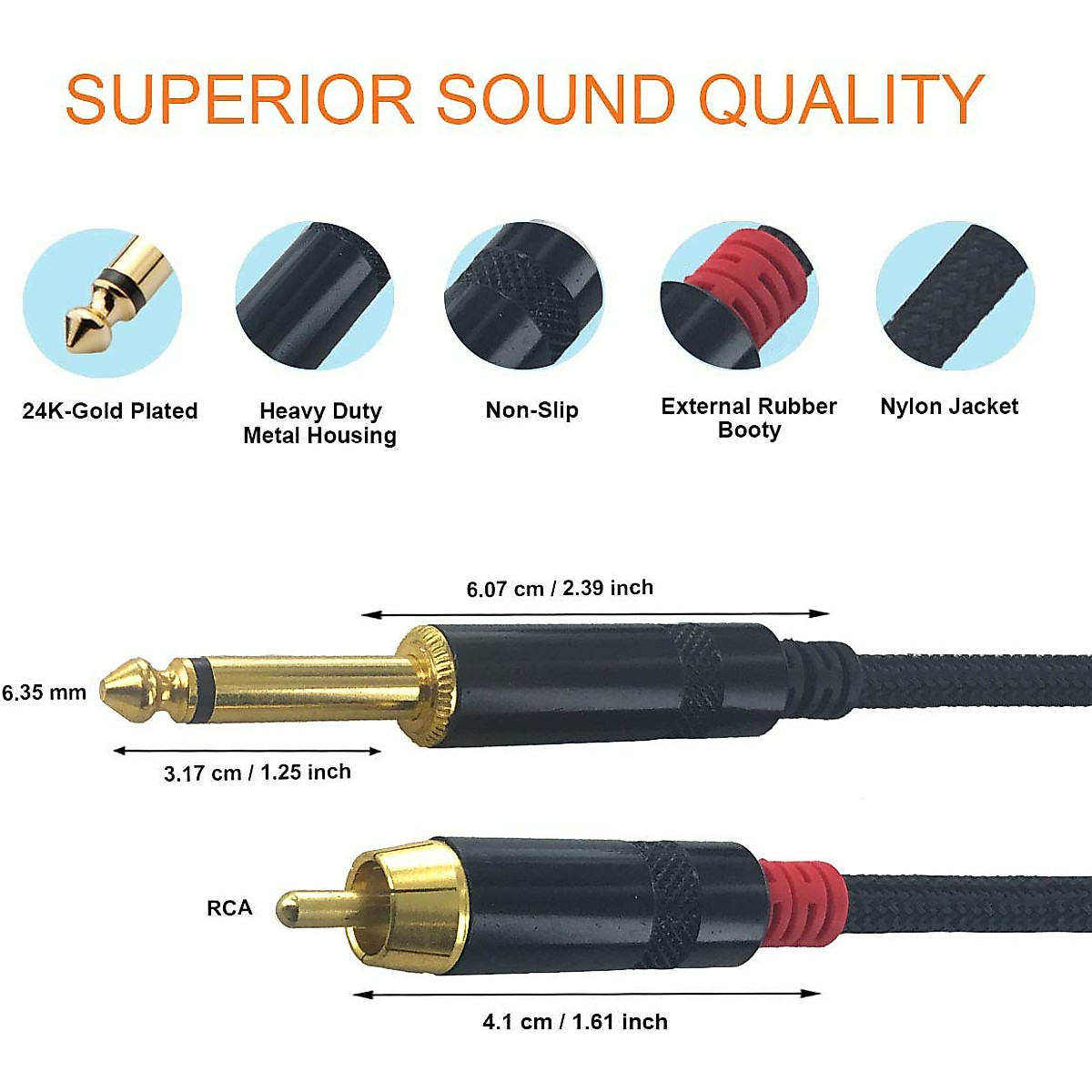 VOYZ Dual 1/4" TS Mono to 2 RCA Audio Cable - 6ft | PVC Shelled, Nylon Braided | Gold Plated Plugs | Ideal for Mixers, Amplifiers, Microphones, Speakers, Camera