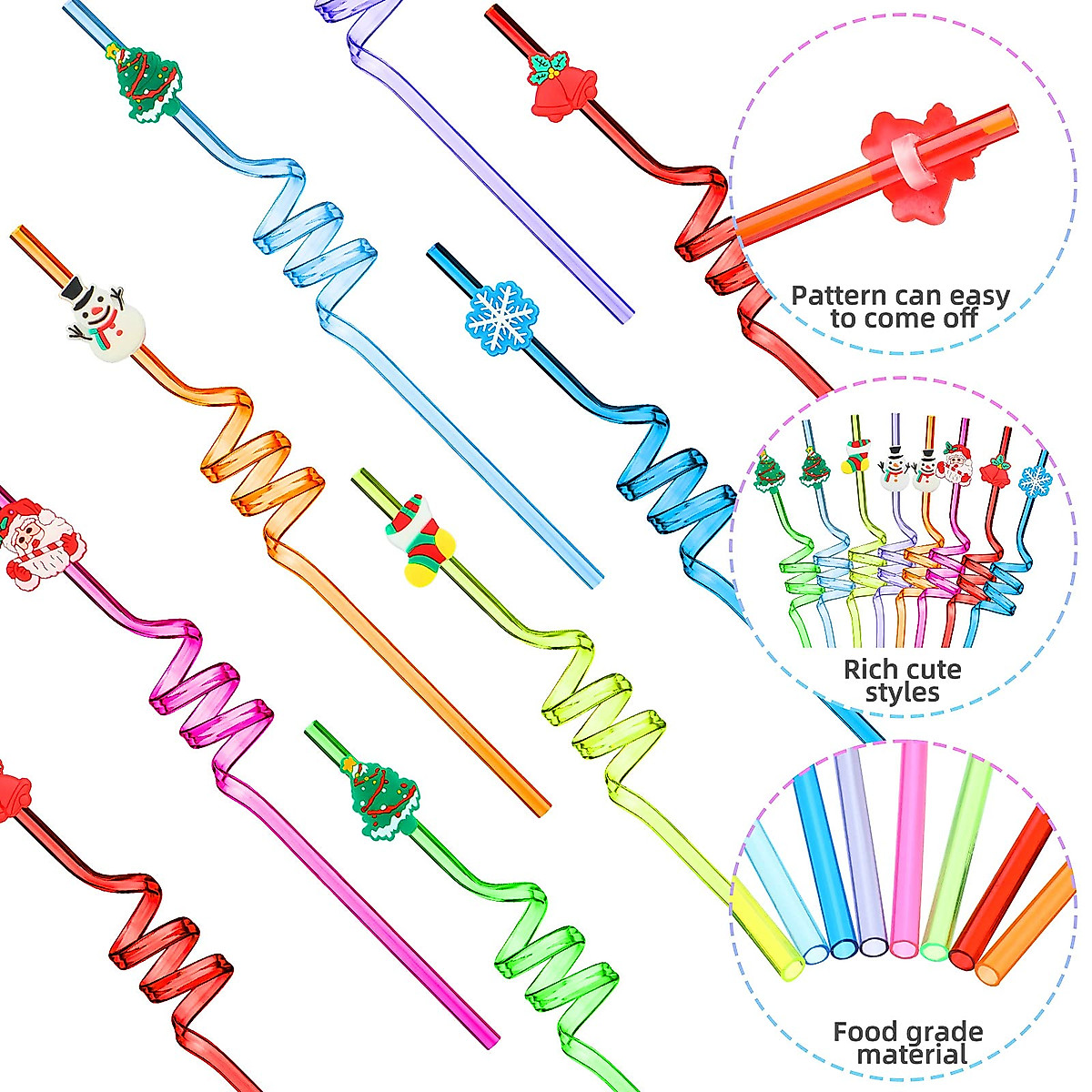 24 Pieces Christmas Drinking Straws Reusable Xmas Theme Party Plastic Straw, Santa Claus Snowman Christmas Tree Baby Shower Colorful Cartoon Straws for Christmas Birthday Party Favors, 8 Styles