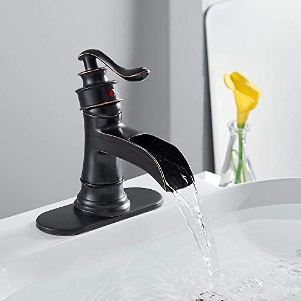 Waterfall Bathroom Faucet Oil Rubbed Bronze Sink with Pop Up Drain Stopper Faucets Single Hole Rustic Vanity Farmhouse Overflow One Handle Bath Black Commercial Assembly Lead-Free by Homevacious