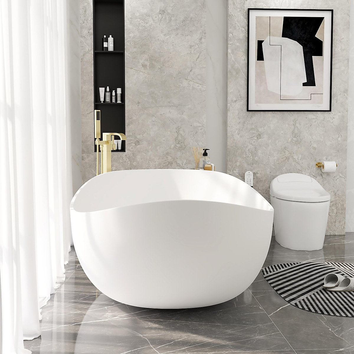 Weibath Freestanding 71 Inch Oval Bathtub Stone Resin Soaking Bathtub with Center Drain (Matte White)
